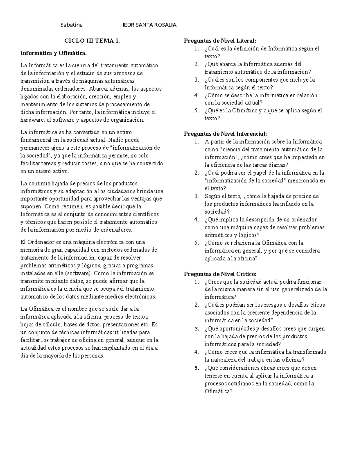 Informática actividad en clase - CICLO III TEMA 1. Informática y ...