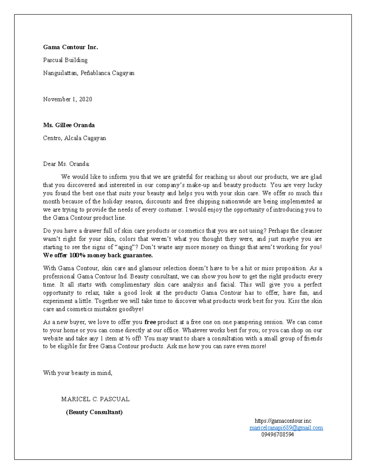 Gama Contour Inc - AN EXAMPLE OF LETTER - Gama Contour Inc. Pascual ...
