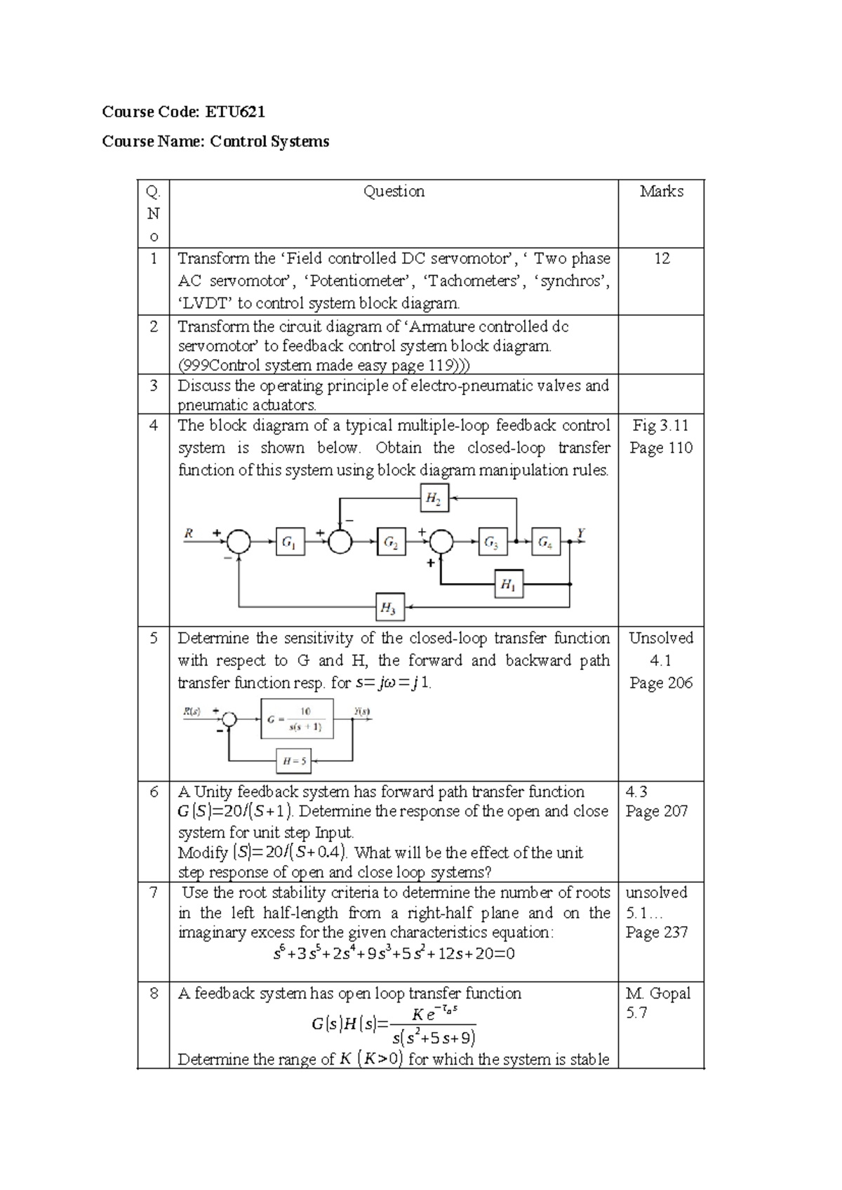 ETU621 Control Systems Summer 2024 rough paper - Course Code: ETU ...