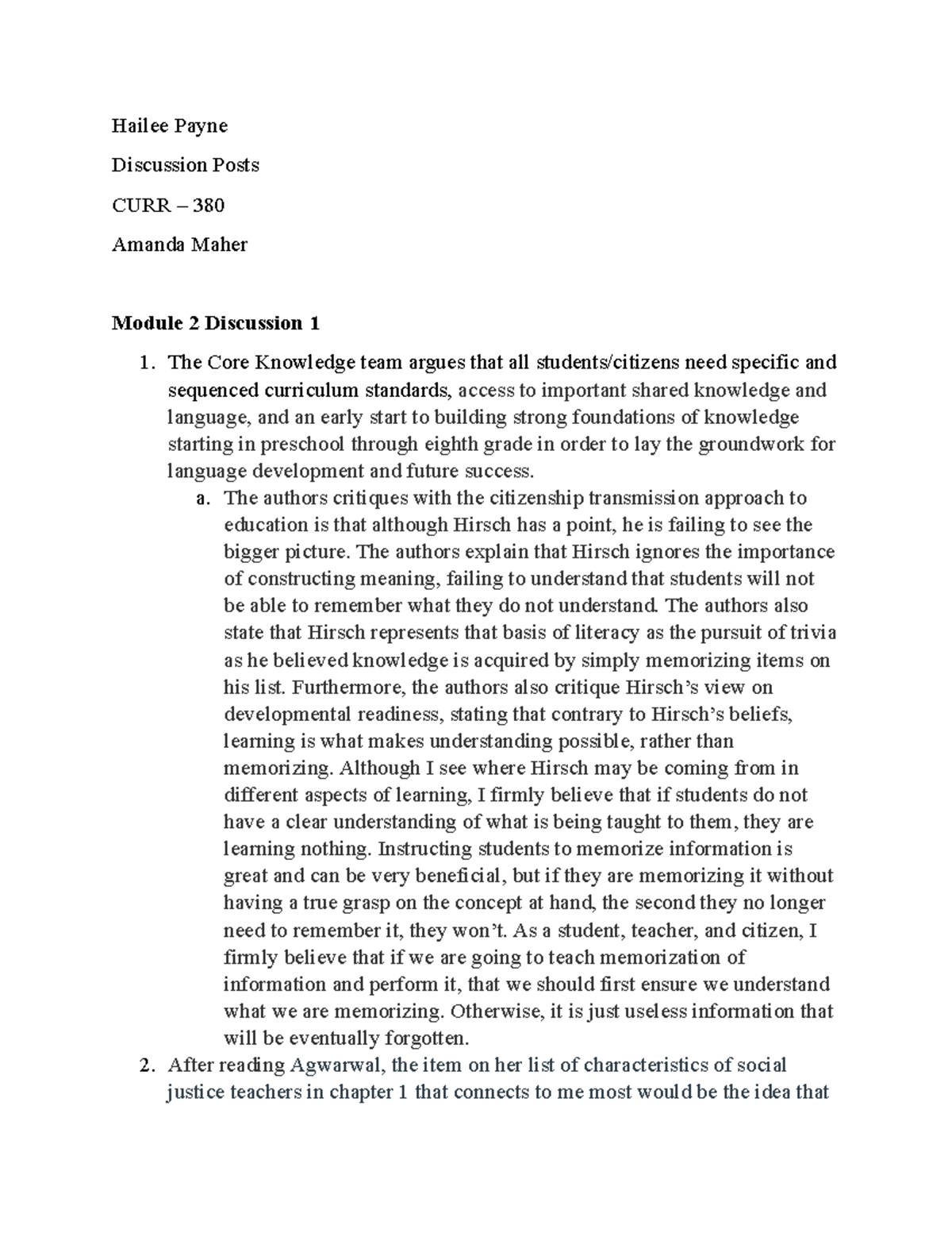 CURR 308 - Module Discussion Posts - Hailee Payne Discussion Posts CURR ...