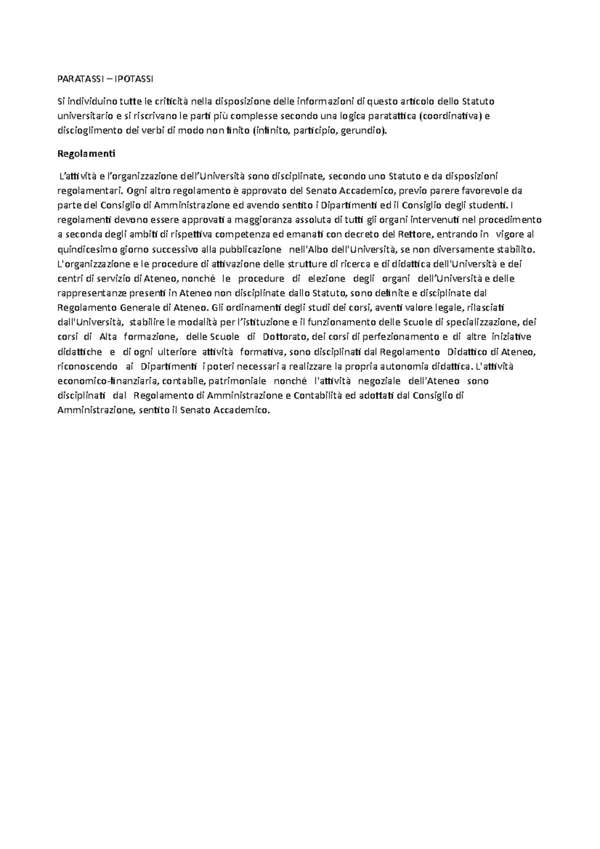 Esercitazione A -2- Paratassi Ipotassi - PARATASSI – IPOTASSI Si ...