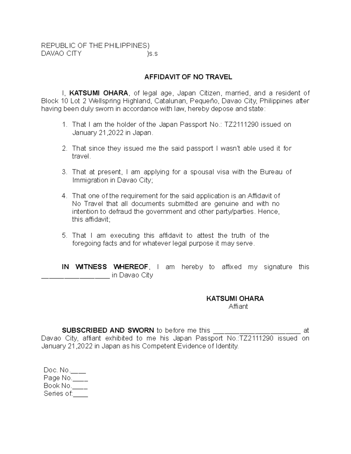 Affidavitof No Travel Passport - REPUBLIC OF THE PHILIPPINES) DAVAO ...