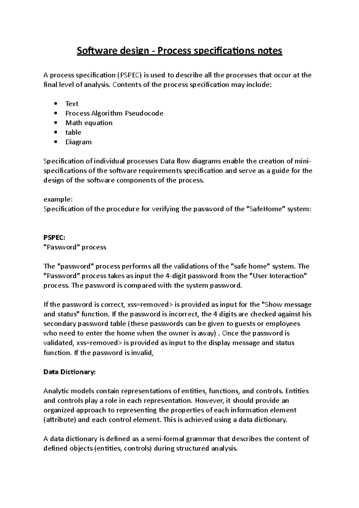 Software design - Process specifications notes - Contents of the ...