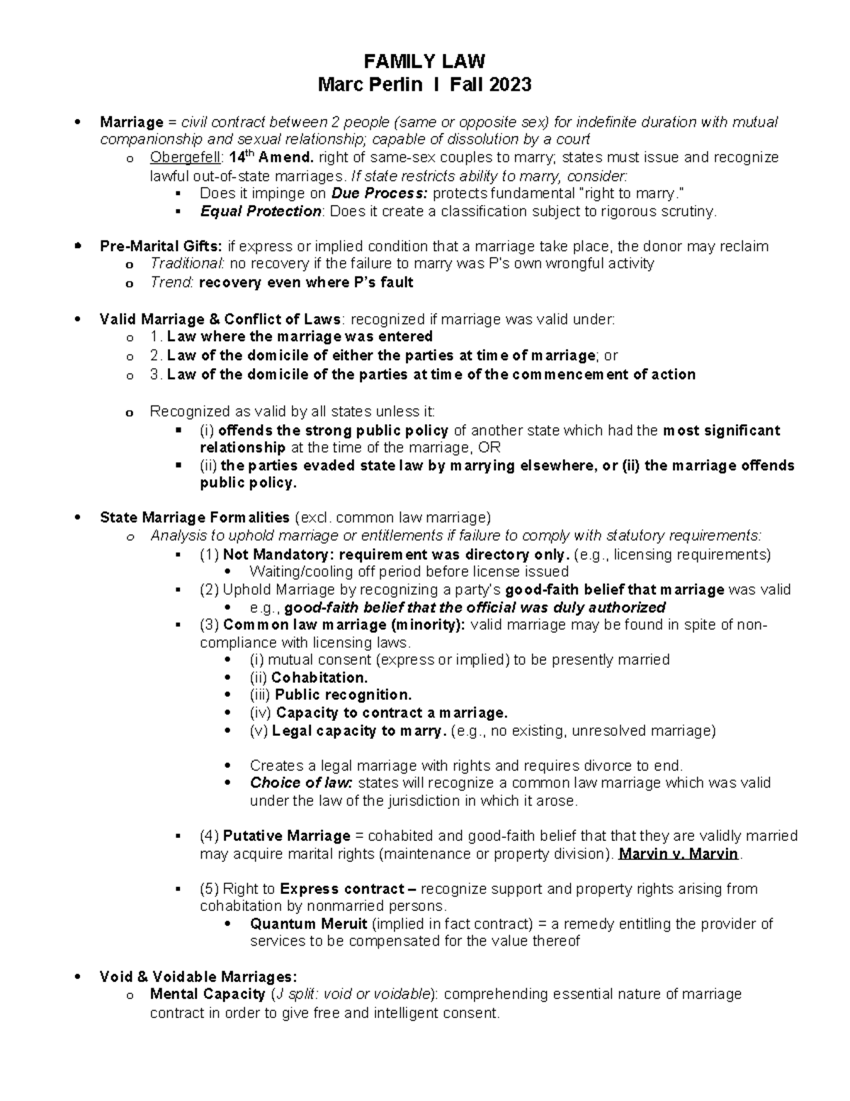 Family Law Outline Perlin Fall2023 - FAMILY LAW Marc Perlin I Fall 2023 Marriage = civil ...