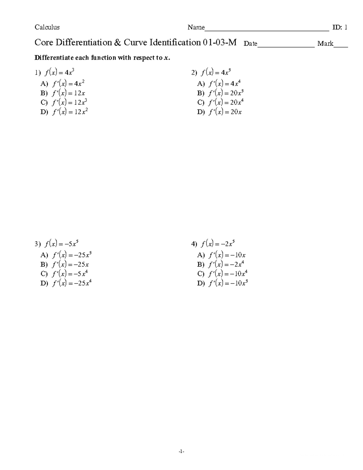 Core Differentiation & Curve Identification 01-03-M-01 - Calculus Core ...
