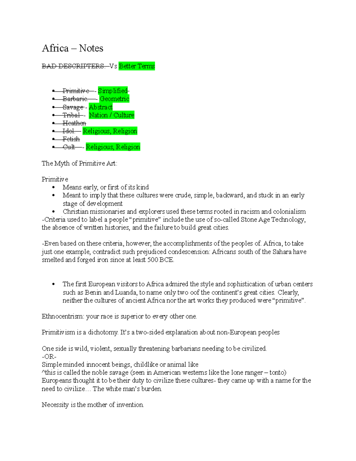 Africa Notes - Dr. Follensbee - ART 273 - MSU - Studocu