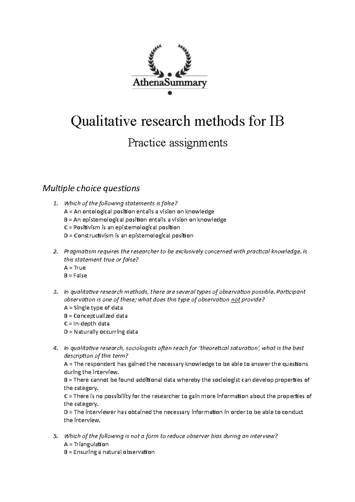 QRM - practice questions - Qualitative research methods for IB Practice ...