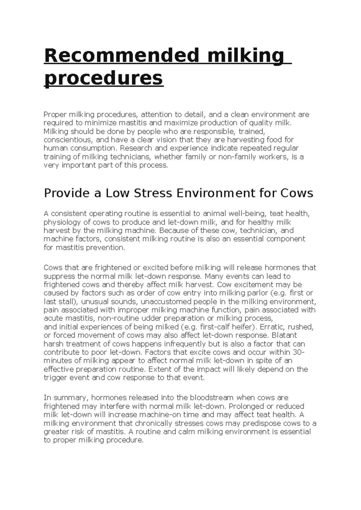 Recommended milking procedures - Recommended milking procedures Proper ...