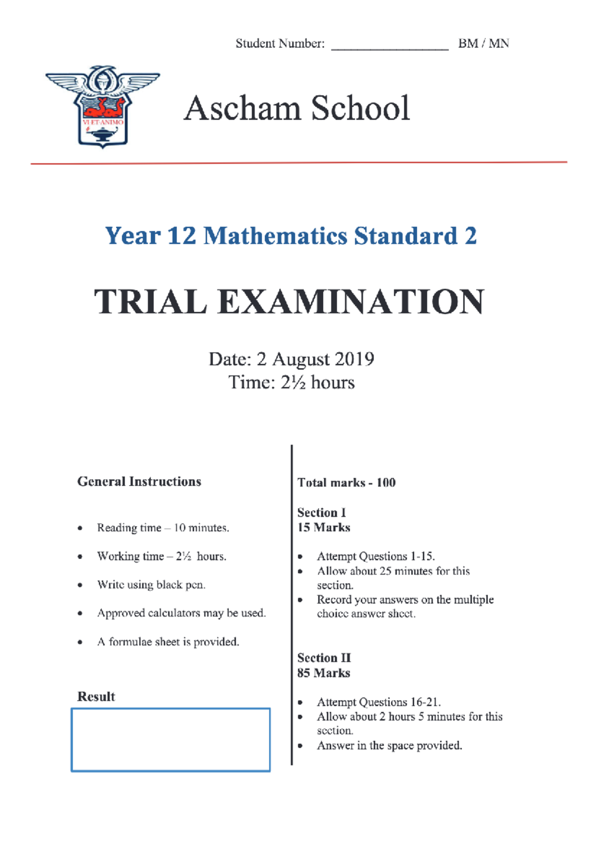 Ascham 2019 w. sol - Past paper - Student Number: BM MN Ascham School ...