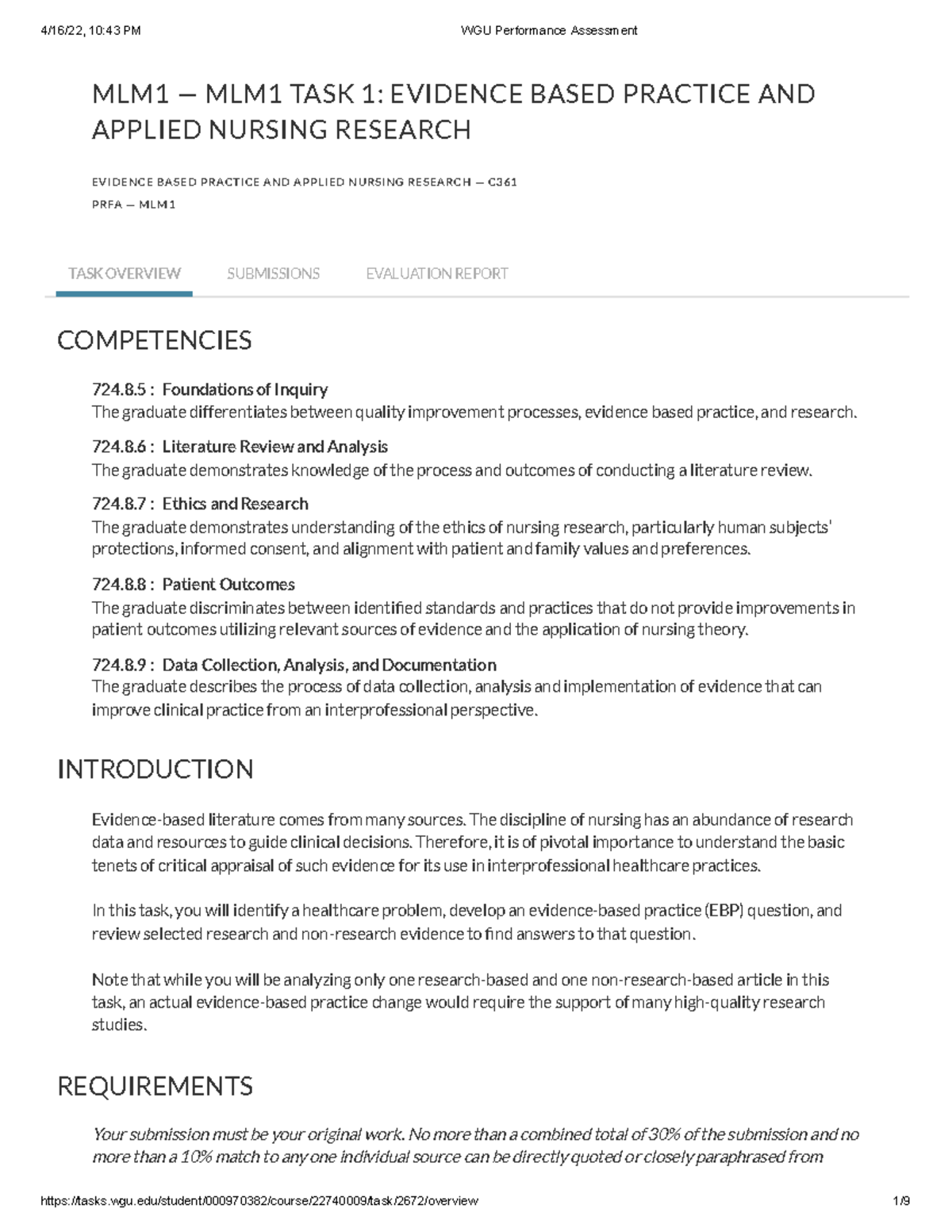 WGU Performance Assessment - MLM1 — MLM1 TASK 1: EVIDENCE BASED ...