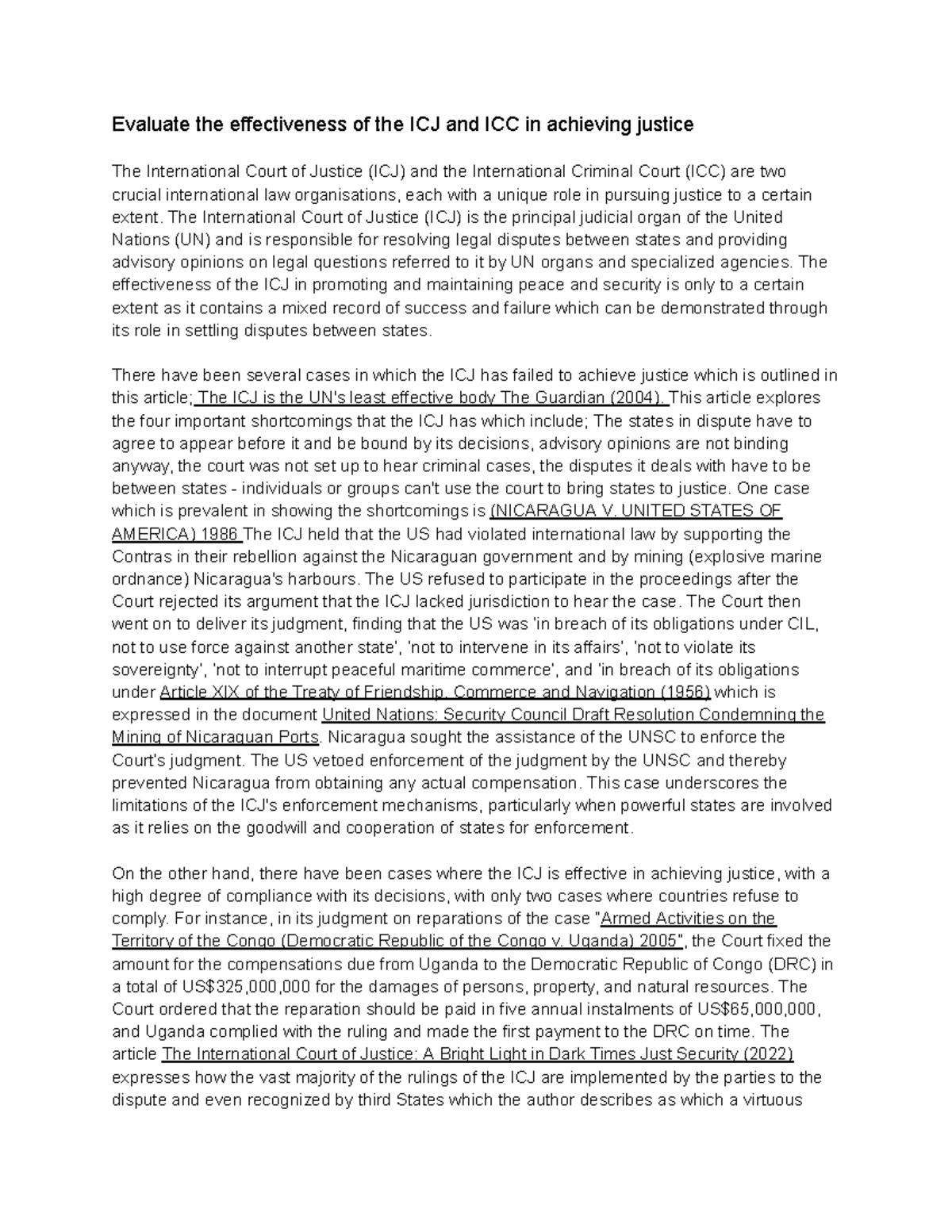 Effectiveness OF ICJ AND ICC - Evaluate the effectiveness of the ICJ ...