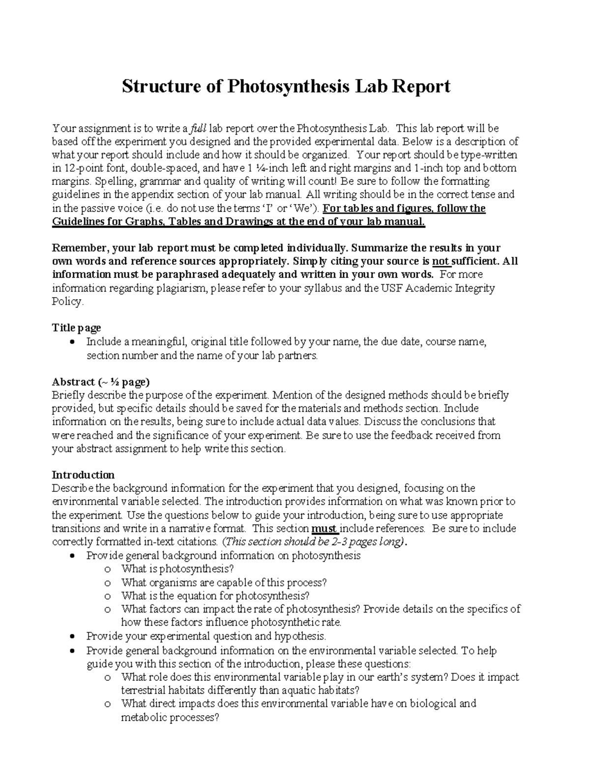 Photosynthesis Lab Report Guidelines - Structure of Photosynthesis Lab ...