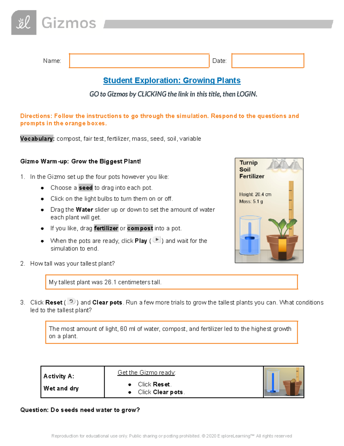 Growing Plants SE - This is for the gizmo lab sheet - Name: Date ...