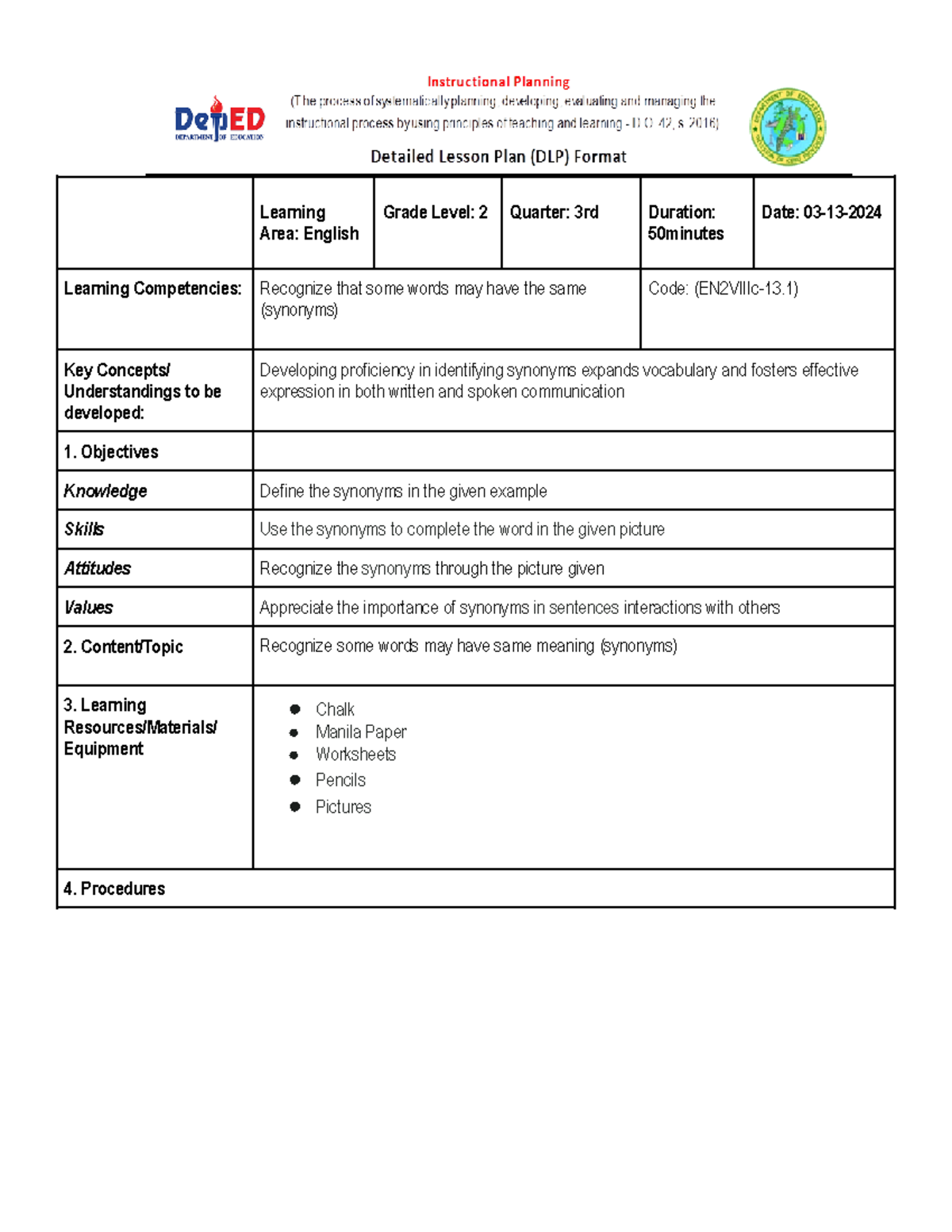 Lesson Plan in English - Learning Area: English Grade Level: 2 Quarter ...