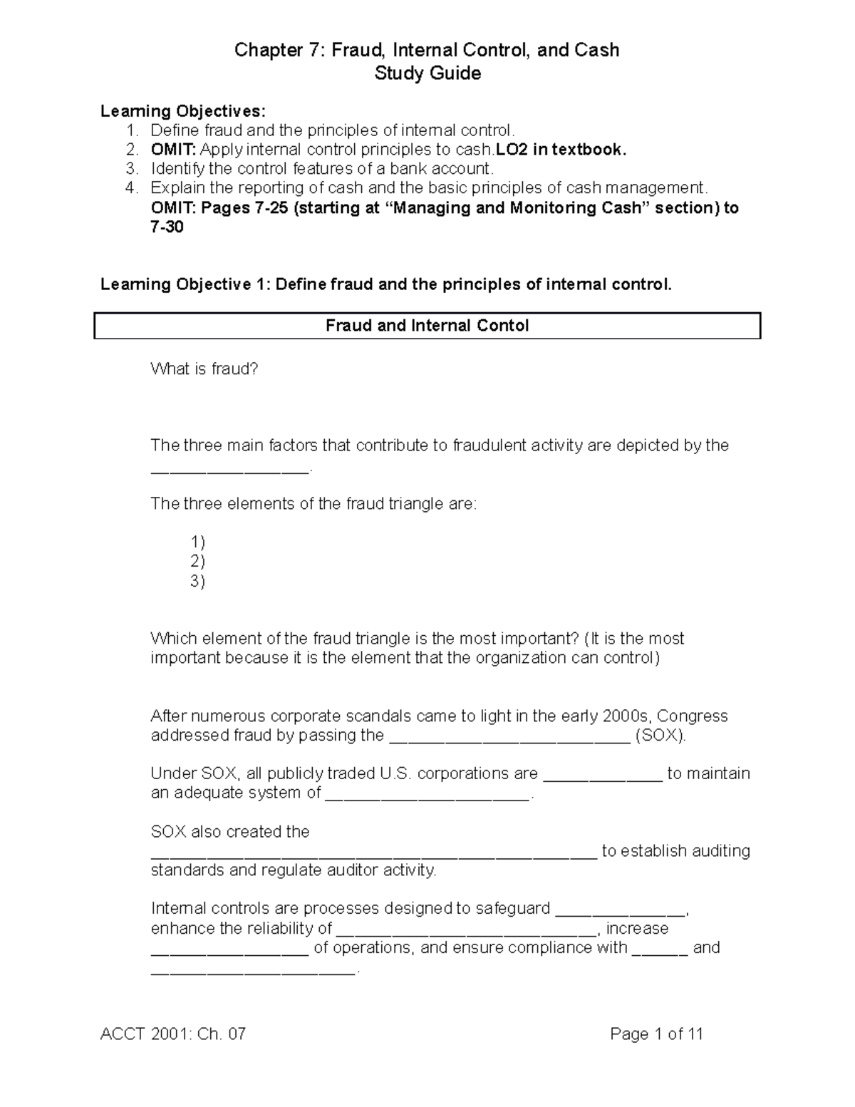 9e Chapter 7 Study Guide - Chapter 7: Fraud, Internal Control, and Cash ...