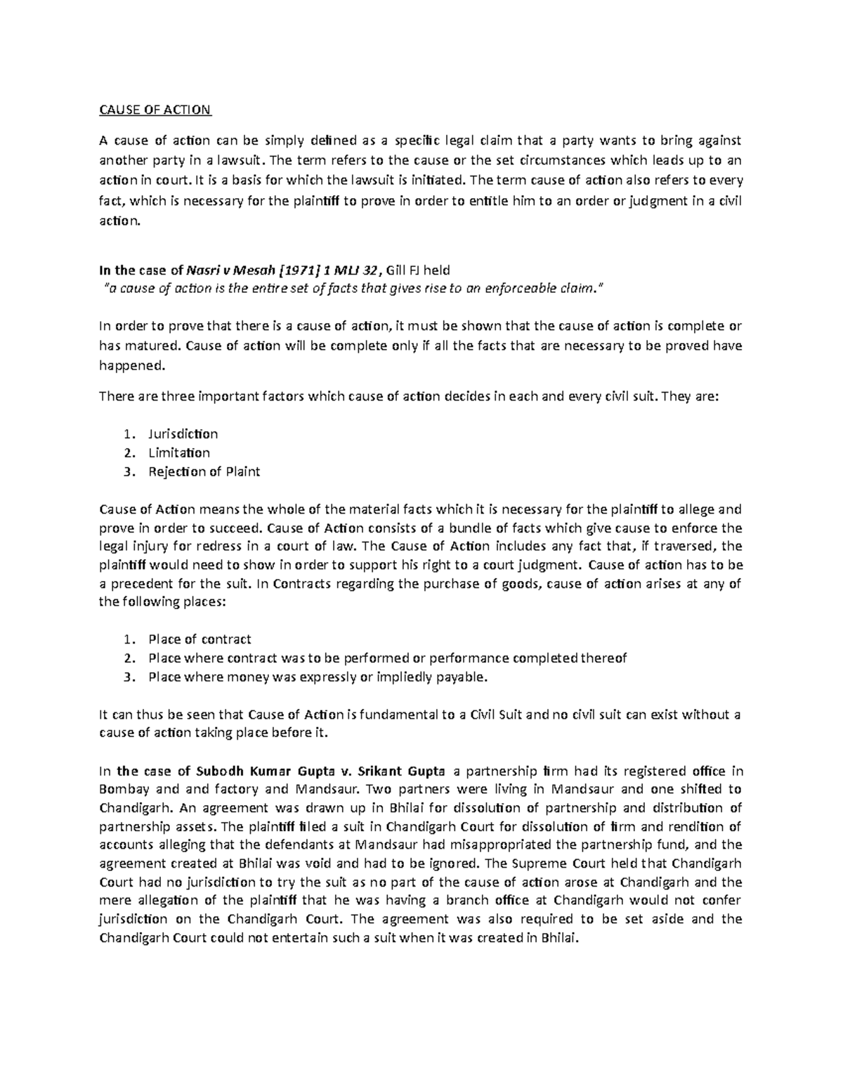 CP TUTO 1 - ENJOY - CAUSE OF ACTION A cause of action can be simply ...