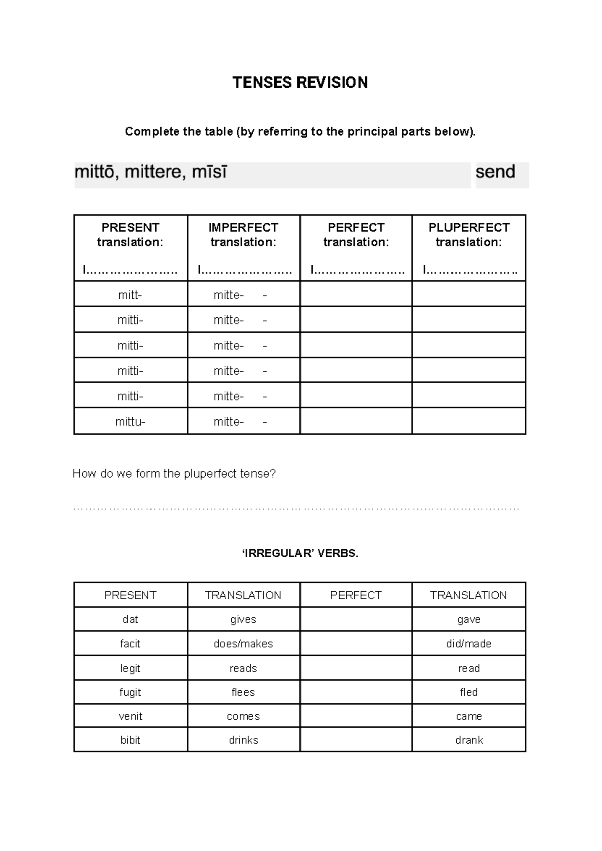 Pluperfect Revision Y9 - TENSES REVISION Complete the table (by ...
