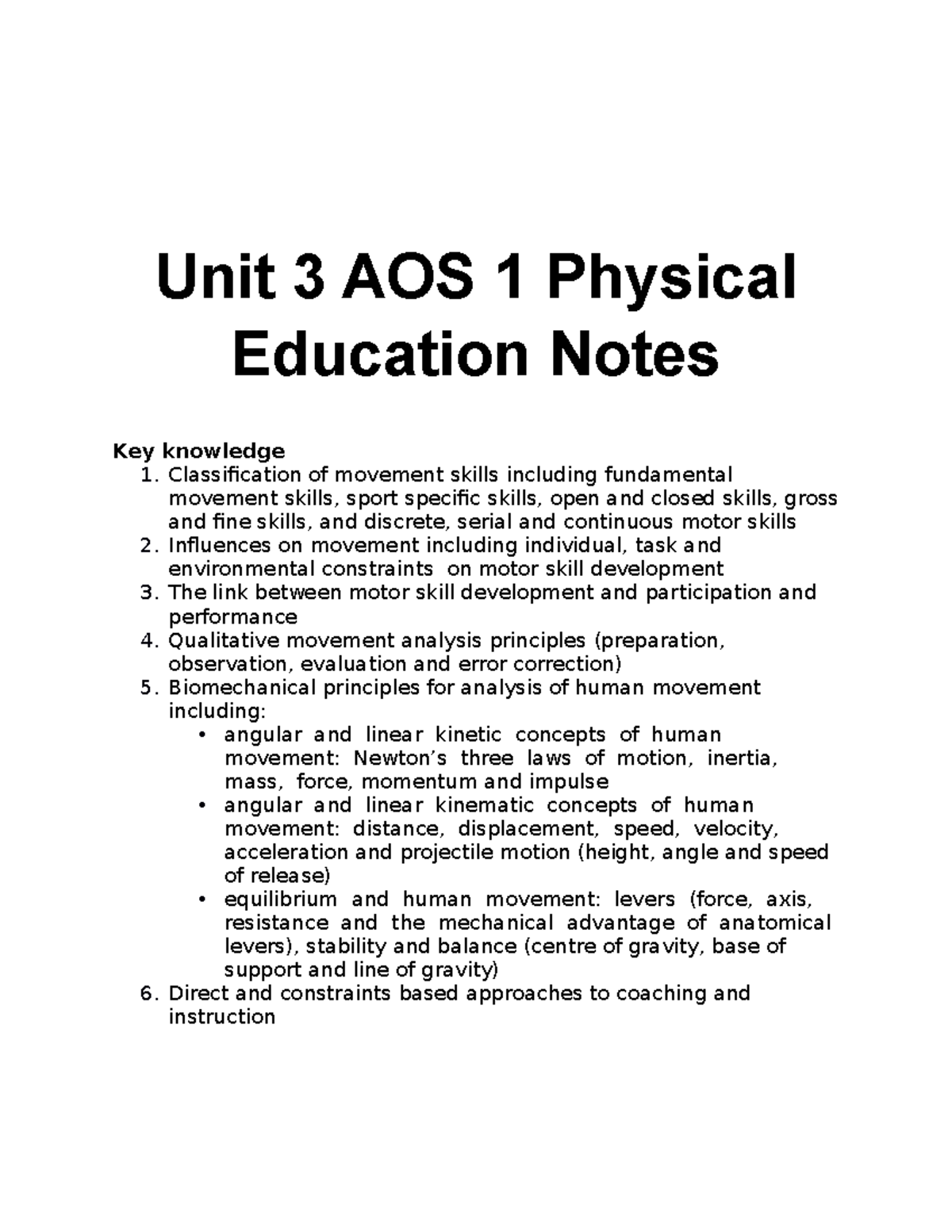 Unit 3 AOS1 SAC Final Notes - Unit 3 AOS 1 Physical Education Notes Key ...