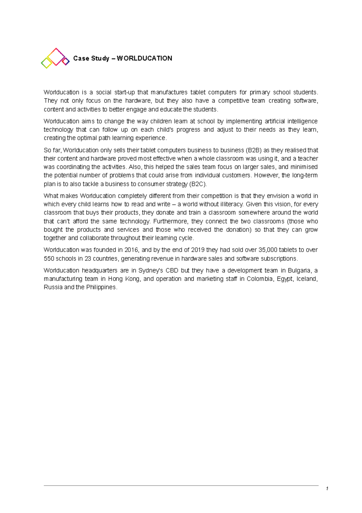 Bsbcrt 511 Simulation Pack - Case Study – WORLDUCATION Worlducation is ...