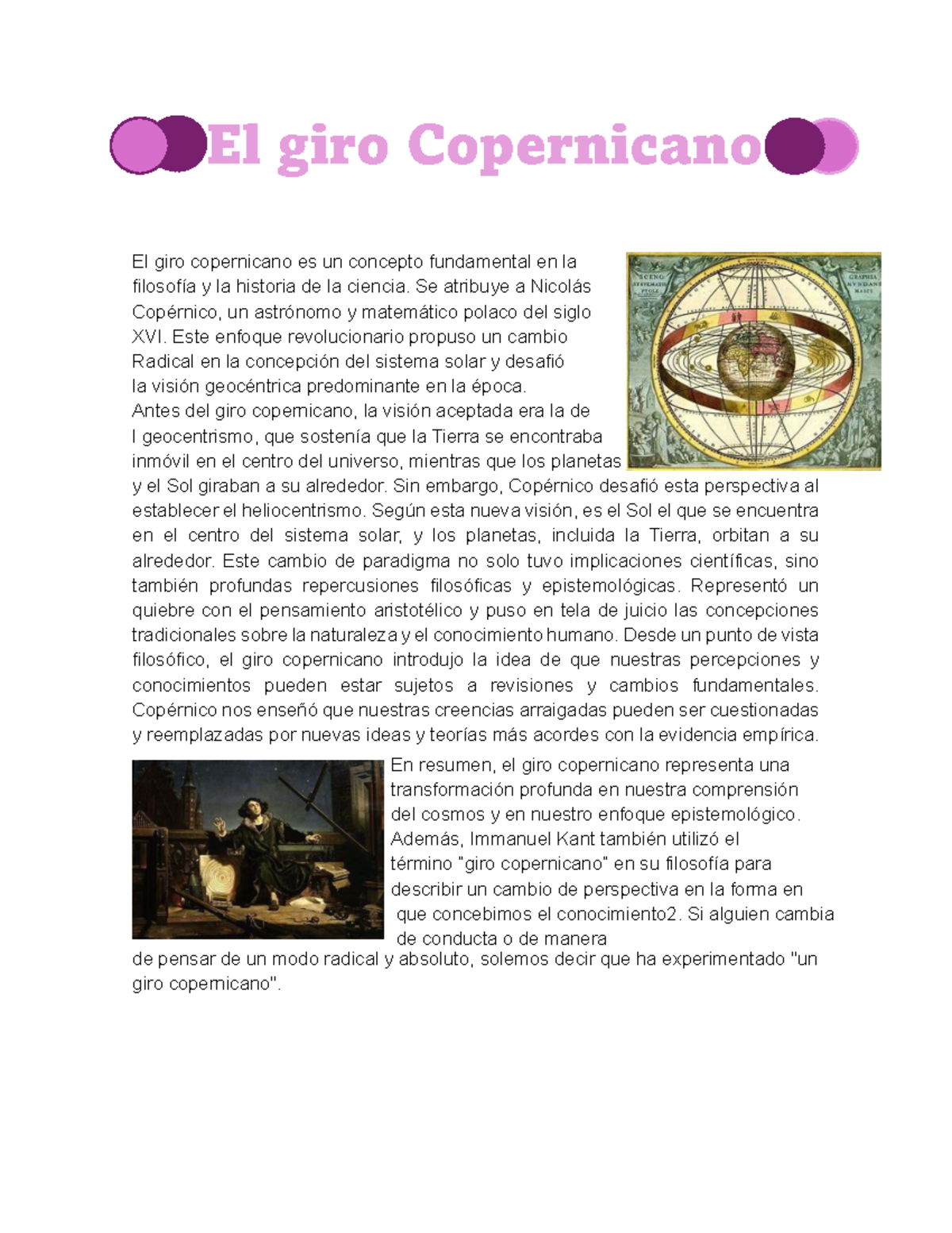 Filosofia resumen - El giro Copernicano El giro copernicano es un ...