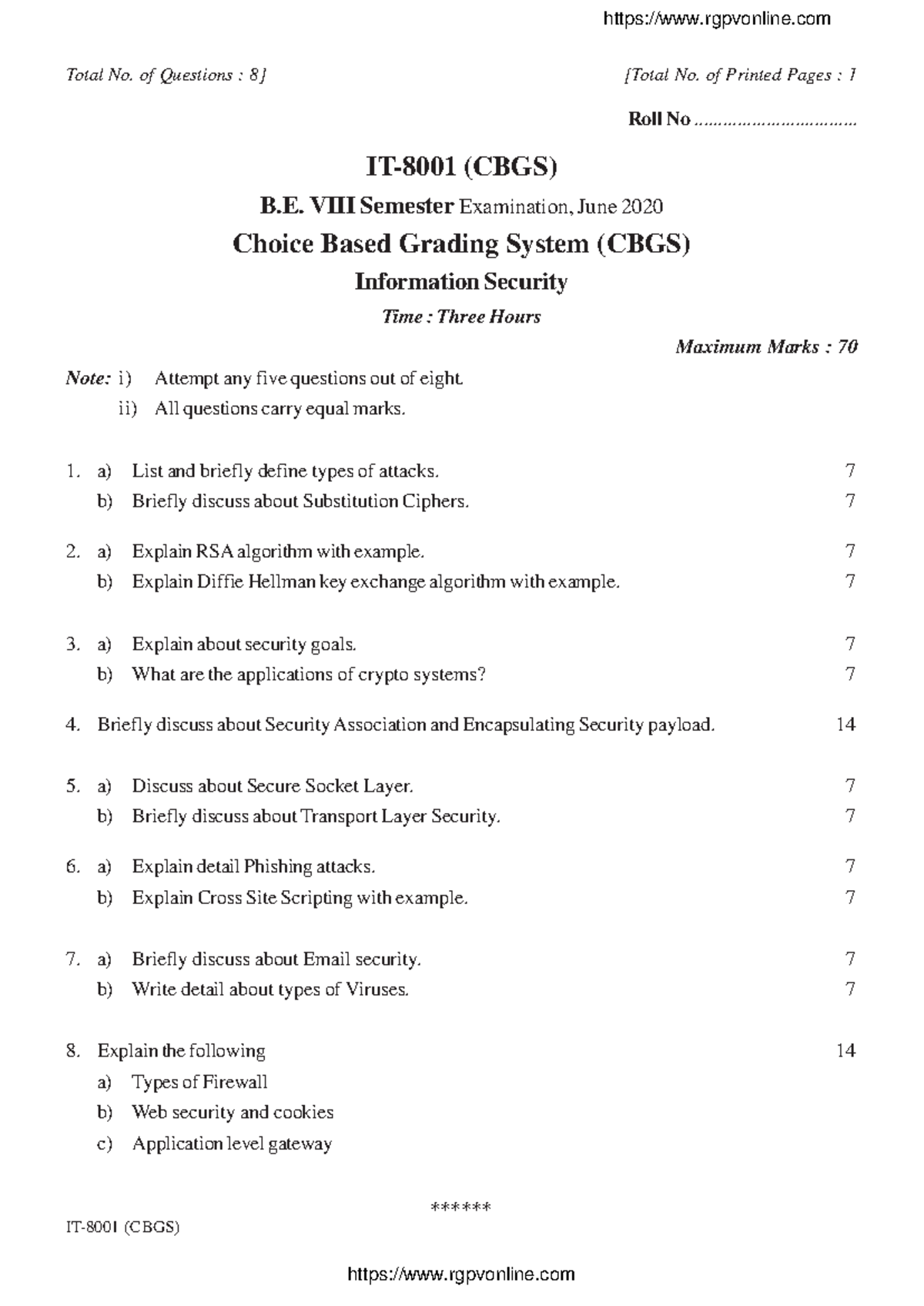 It 8001 information security jun 2020 - IT-8001 (CBGS) PTO Total No. of Questions : 8] [1 ...