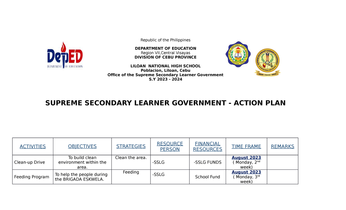 Action plan 2023 2024 2 - Republic of the Philippines DEPARTMENT OF ...