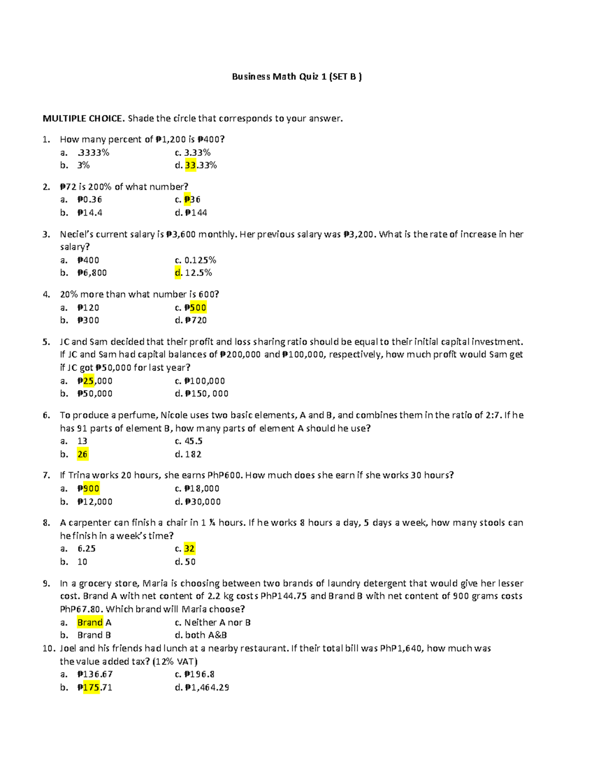 Business Math Quiz 1B with Answers Business Math Quiz 1 SET B