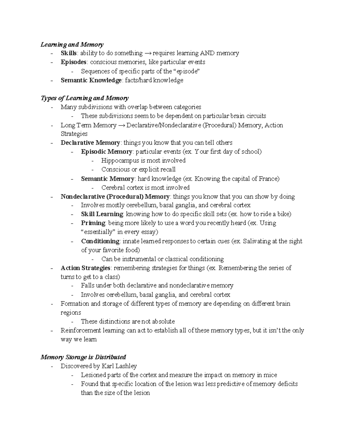 NE 101 Lecture 25 Compiled Notes - Learning and Memory - Skills ...