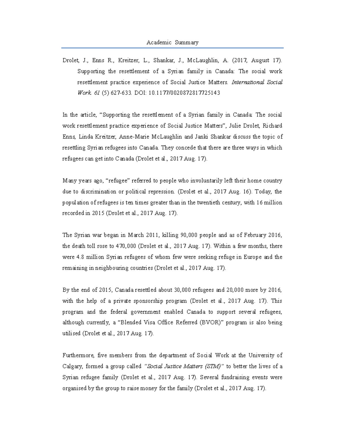 Sample Academic summary for Drolet et al - Academic Summary Drolet, J ...