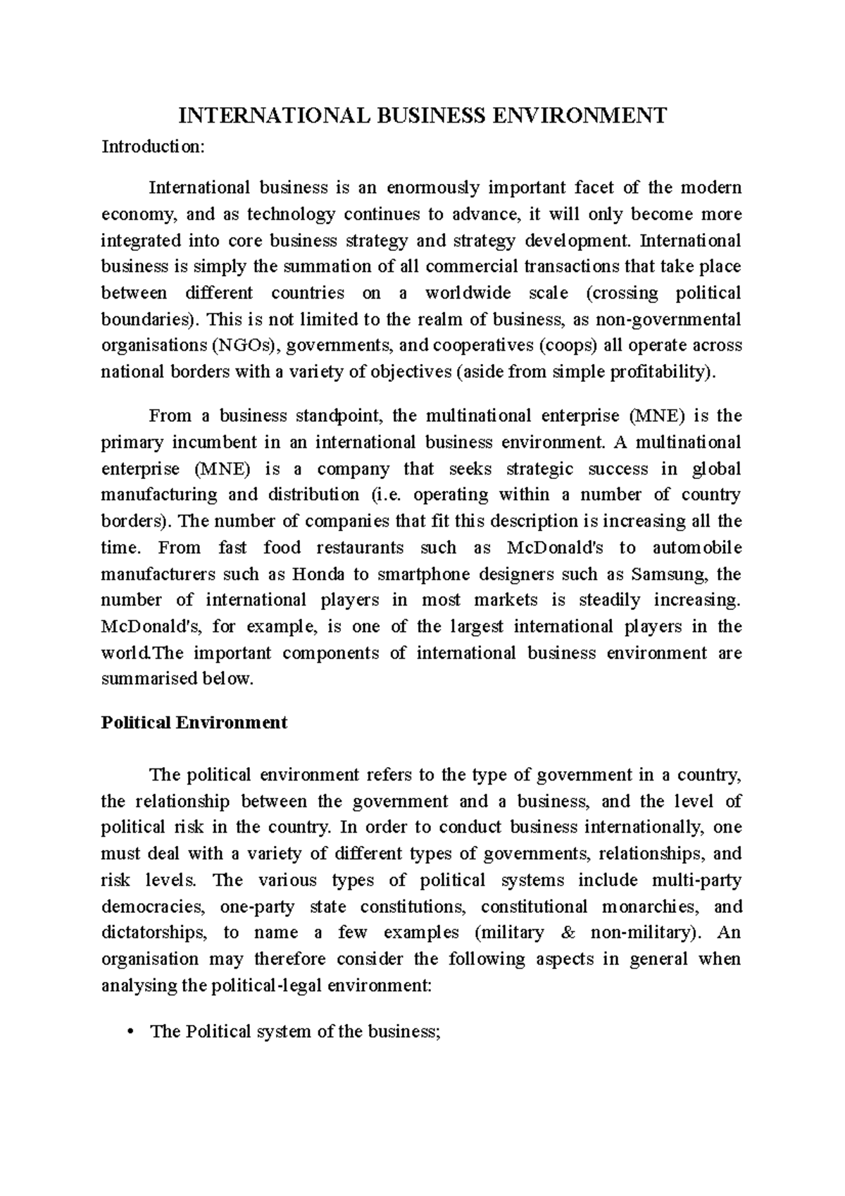 International Business Environment - INTERNATIONAL BUSINESS ENVIRONMENT ...