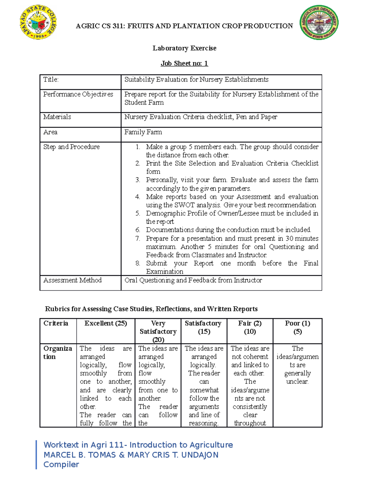 Laboratory Activity - AGRIC CS 311: FRUITS AND PLANTATION CROP ...