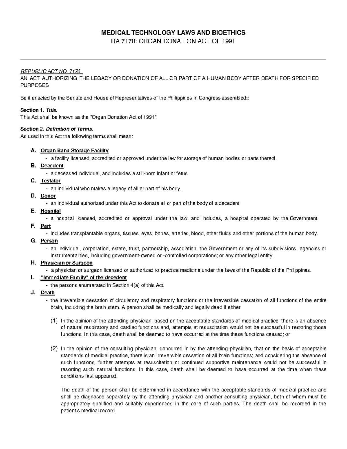 RA 7170 Organ Donation ACT OF 1991 - MEDICAL TECHNOLOGY LAWS AND ...