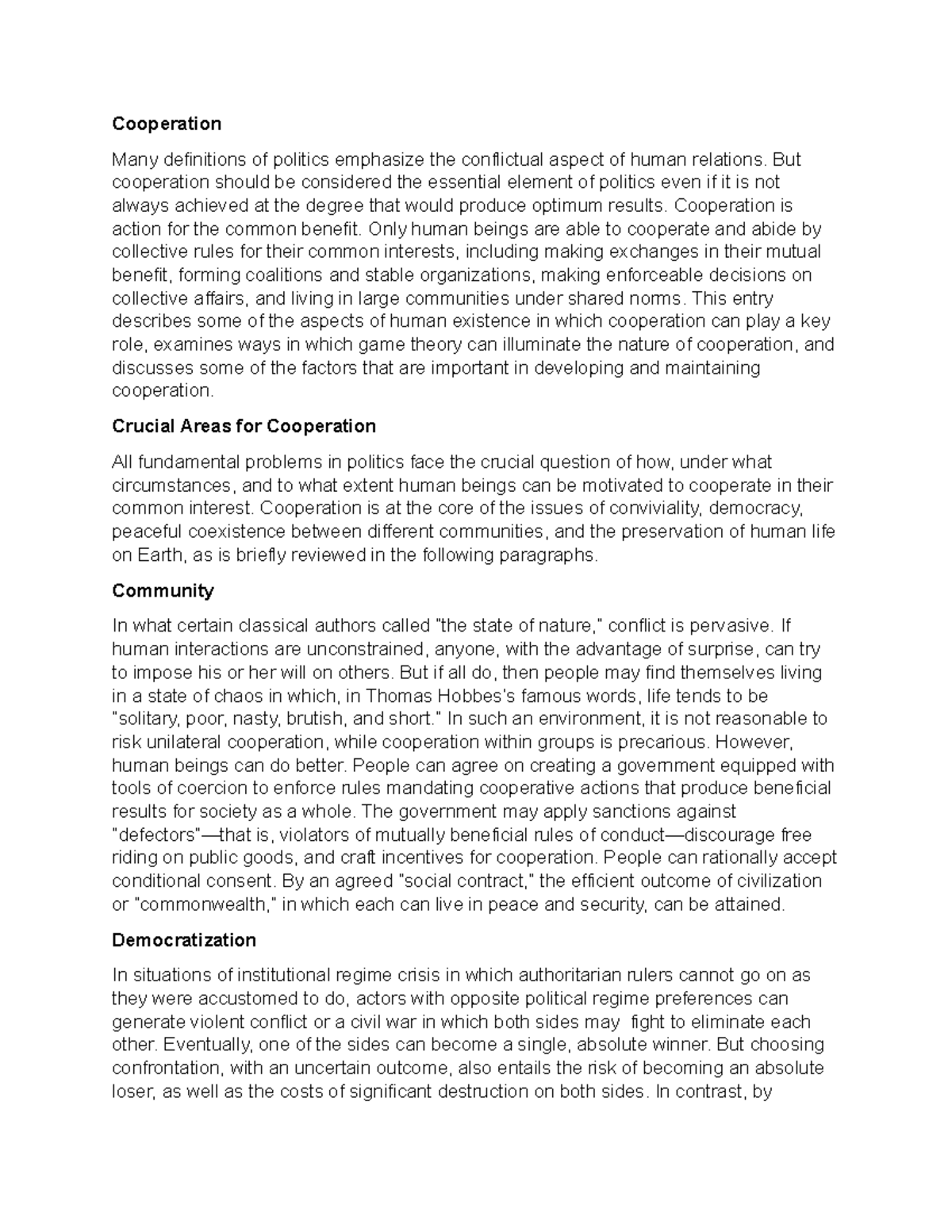 Cooperation - Cooperation Many definitions of politics emphasize the ...