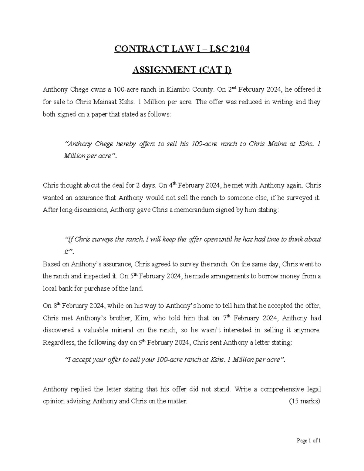 Contract LAW I - CAT I - law exams - CONTRACT LAW I – LSC 2104 ...