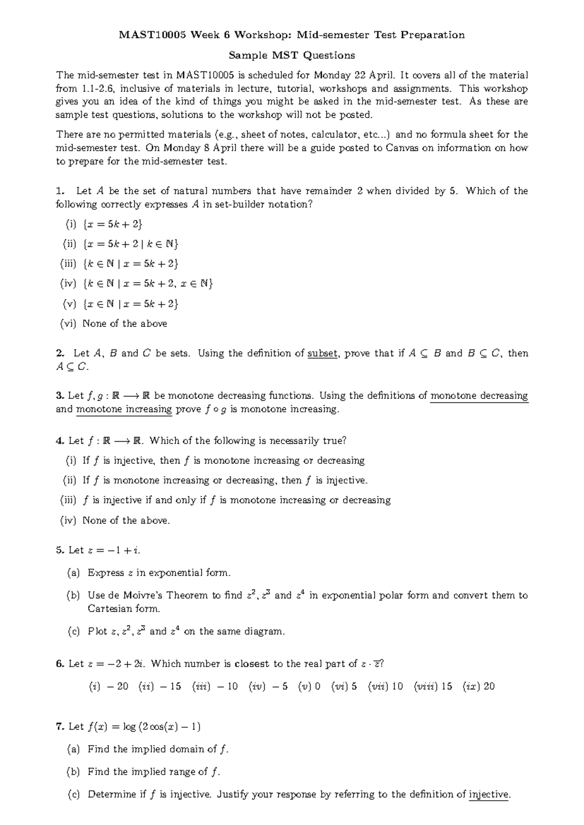 MST CALC 1 Practice questions - MAST10005 Week 6 Workshop: Mid-semester ...