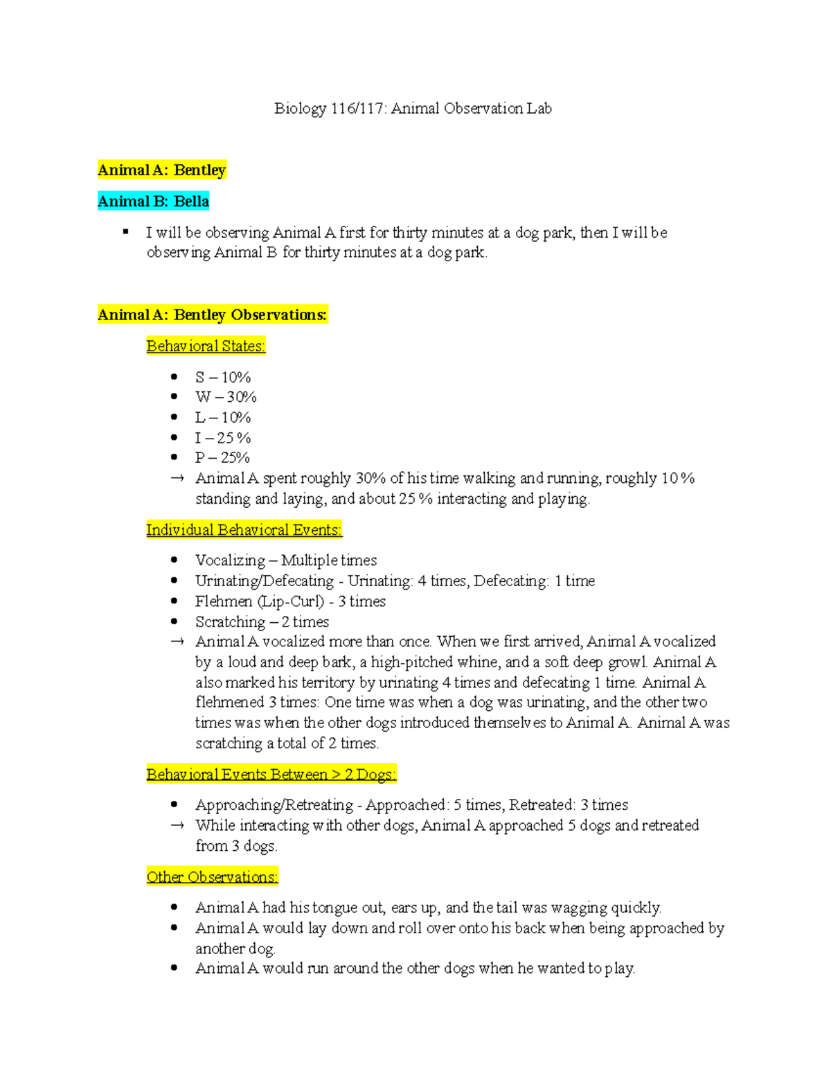 Biology Observation Lab - Biology 116/117: Animal Observation Lab ...