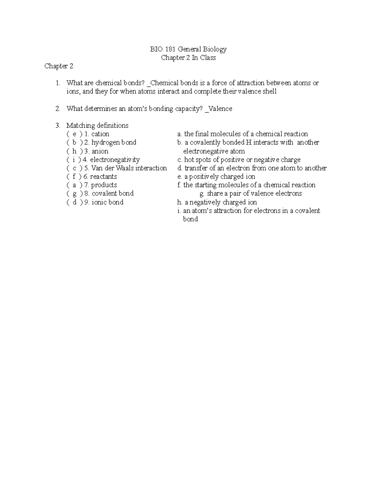 BIO 181 IC CH2 - helps understand better - BIO 181 General Biology ...