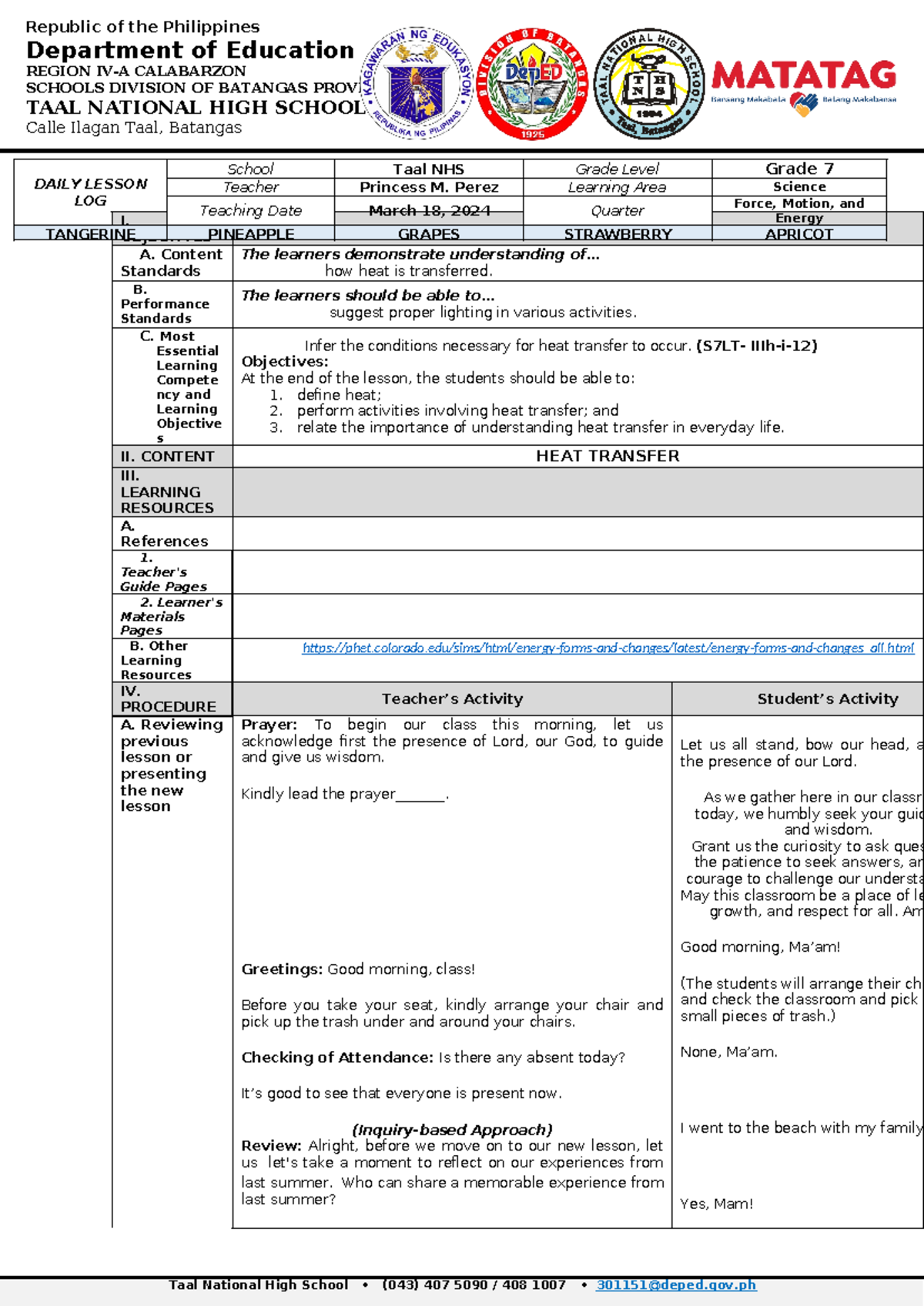 Heat-day-1 - heat transfer - Department of Education REGION IV-A ...