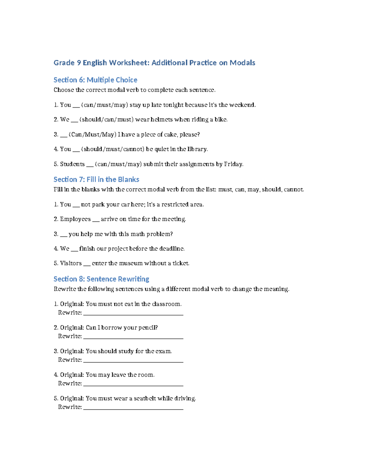 Grade 9 Modals Additional Worksheet - Grade 9 English Worksheet ...