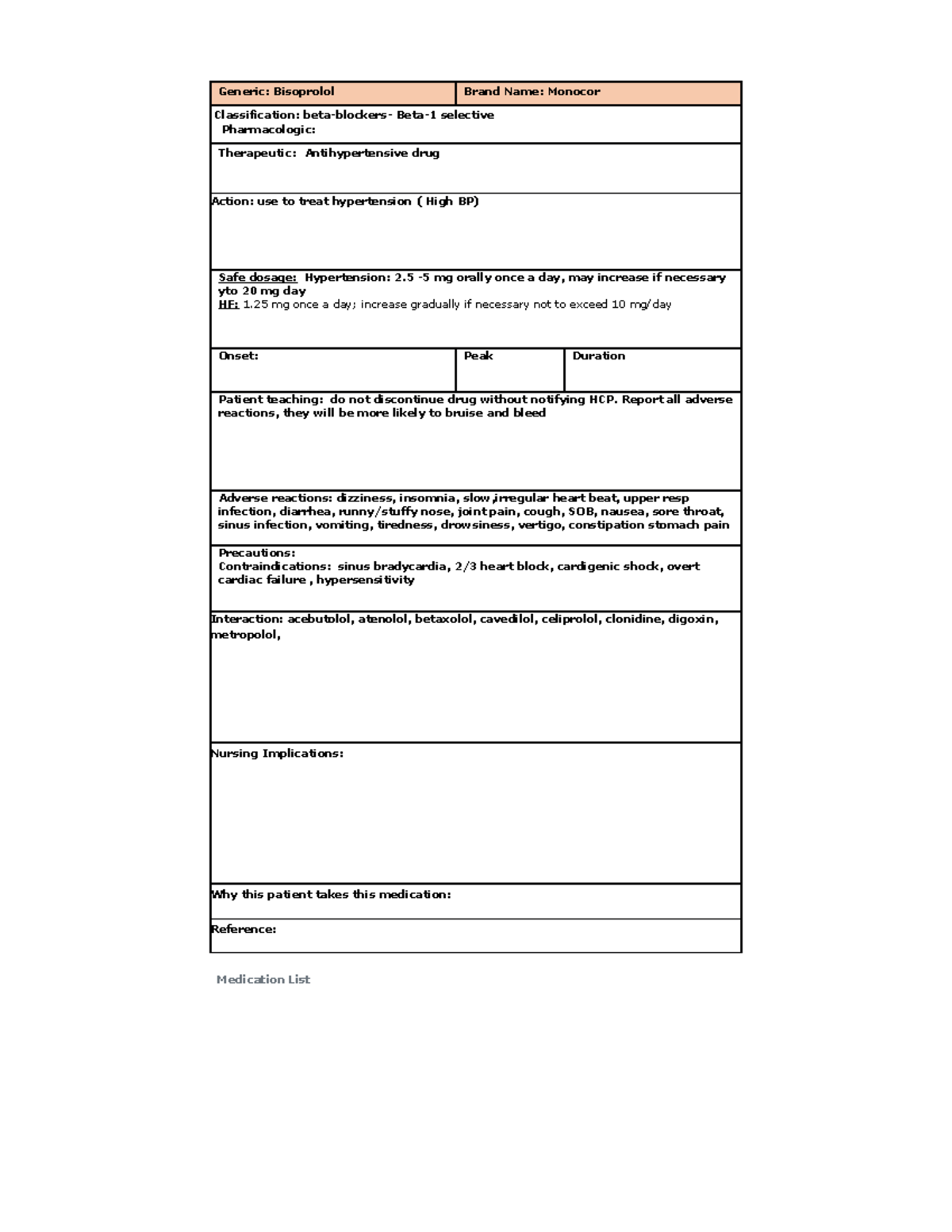 Bisoprolol - Med Card - Generic: Bisoprolol Brand Name: Monocor ...