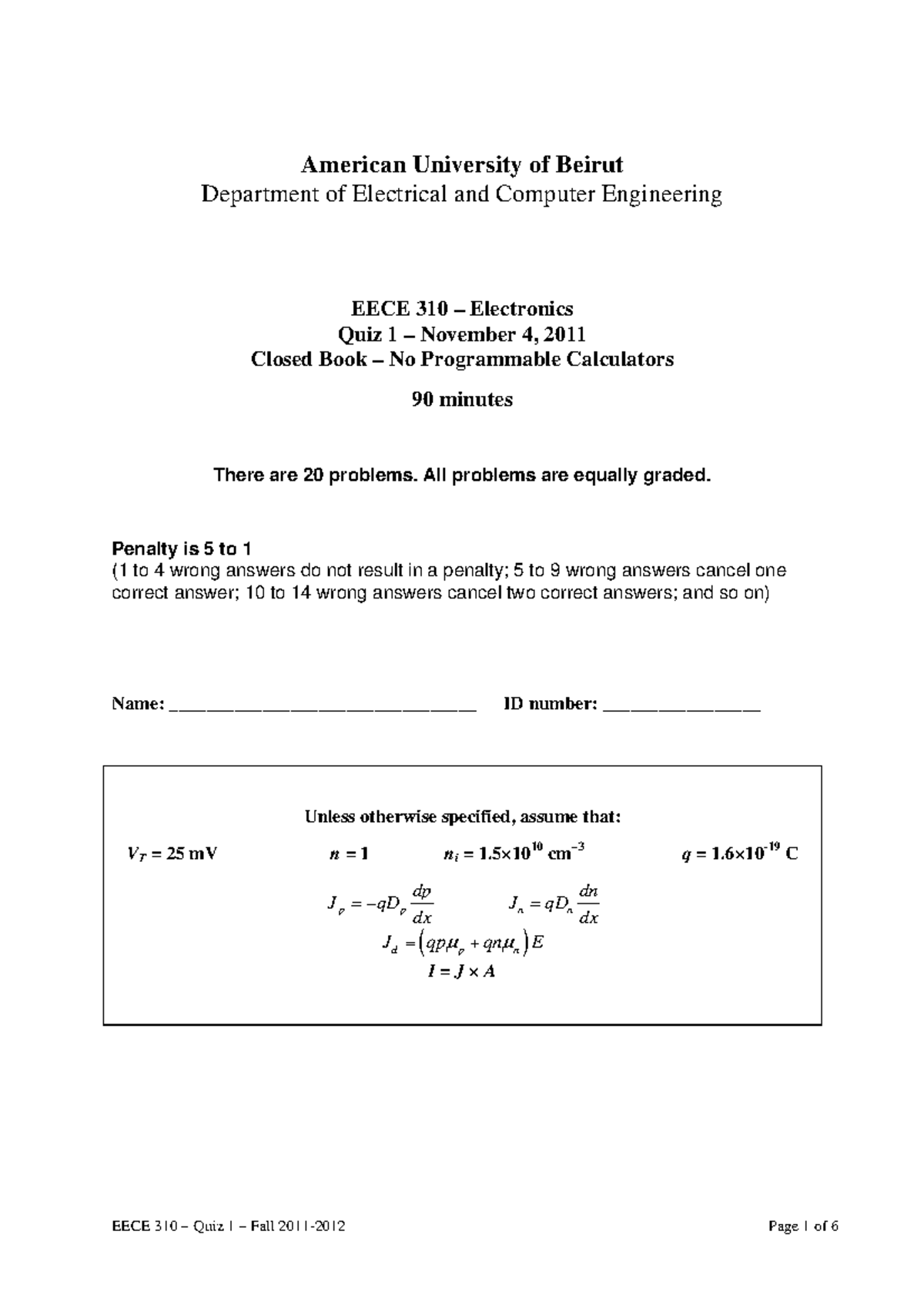 Fa11q1key - Exam1 - American University of Beirut Department of ...