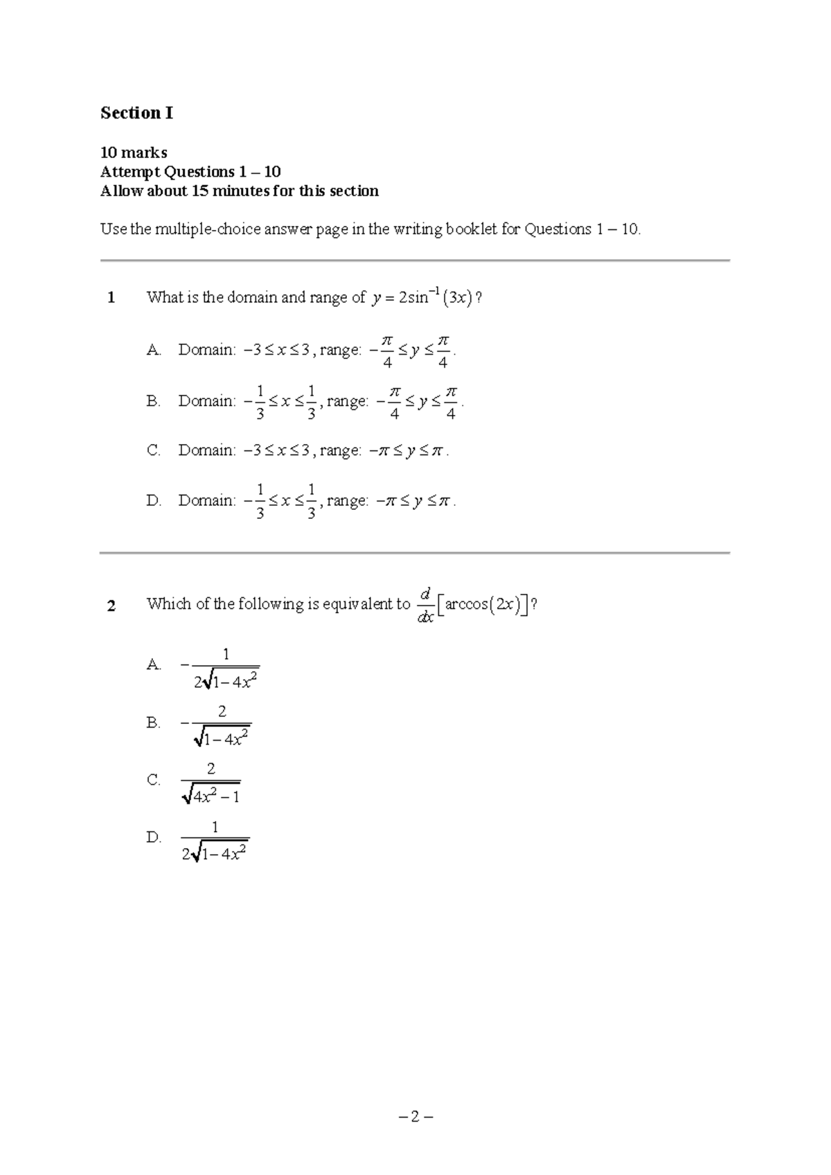 BHHS Maths Extension 1 Trial - Section I 10 marks Attempt Questions 1 ...