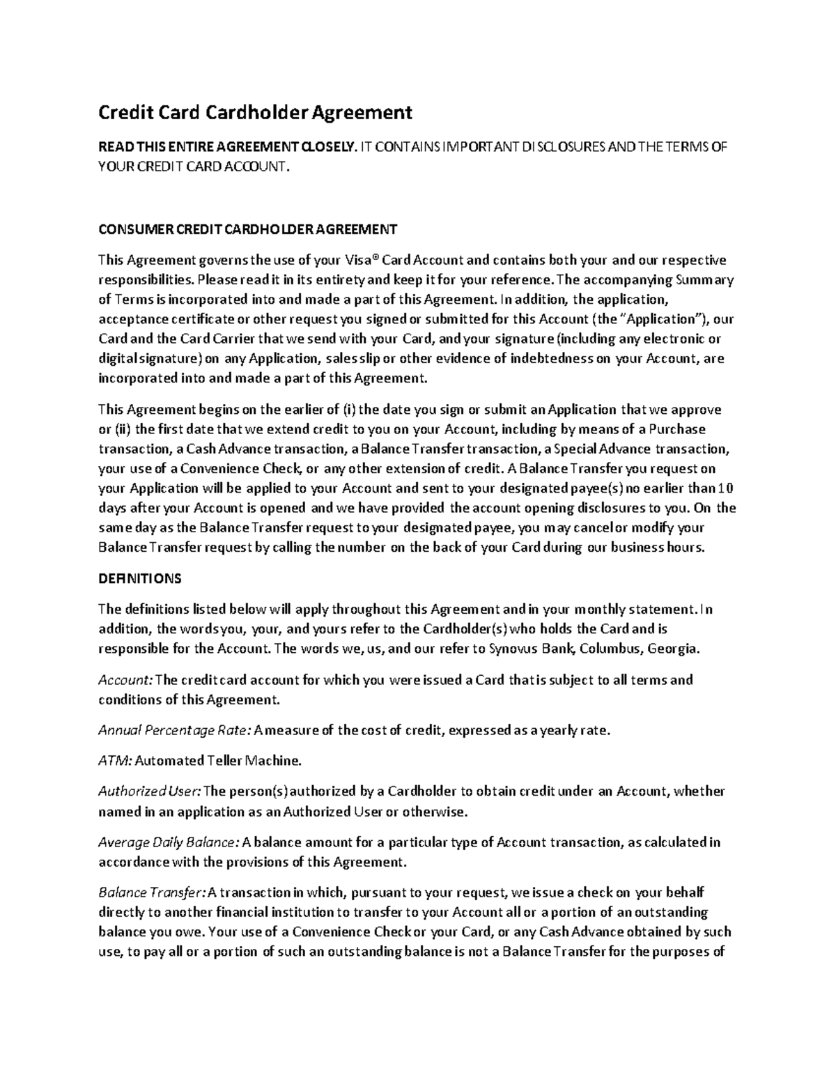 Consumer cardholder agreement 257271 - Credit Card Cardholder Agreement ...