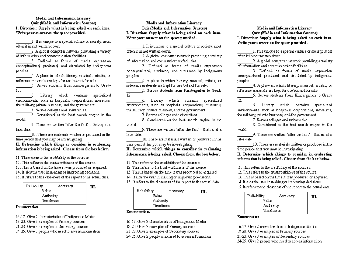 Quiz (Media and Information Sources) - Media and Information Literacy ...