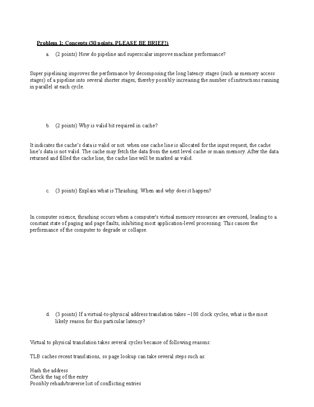 HW9 Solution Computer Architecture - Problem 1: Concepts (30 points, PLEASE BE BRIEF!) a. (2 ...