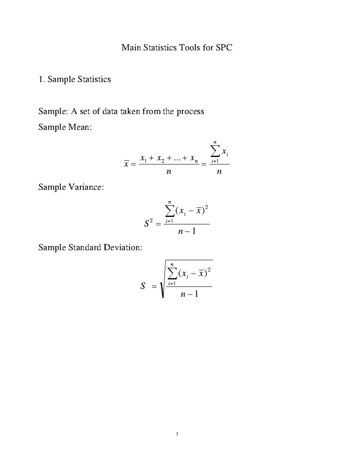 Week 4 Lecture Notes - Main Statistics Tools for SPC Sample Statistics ...
