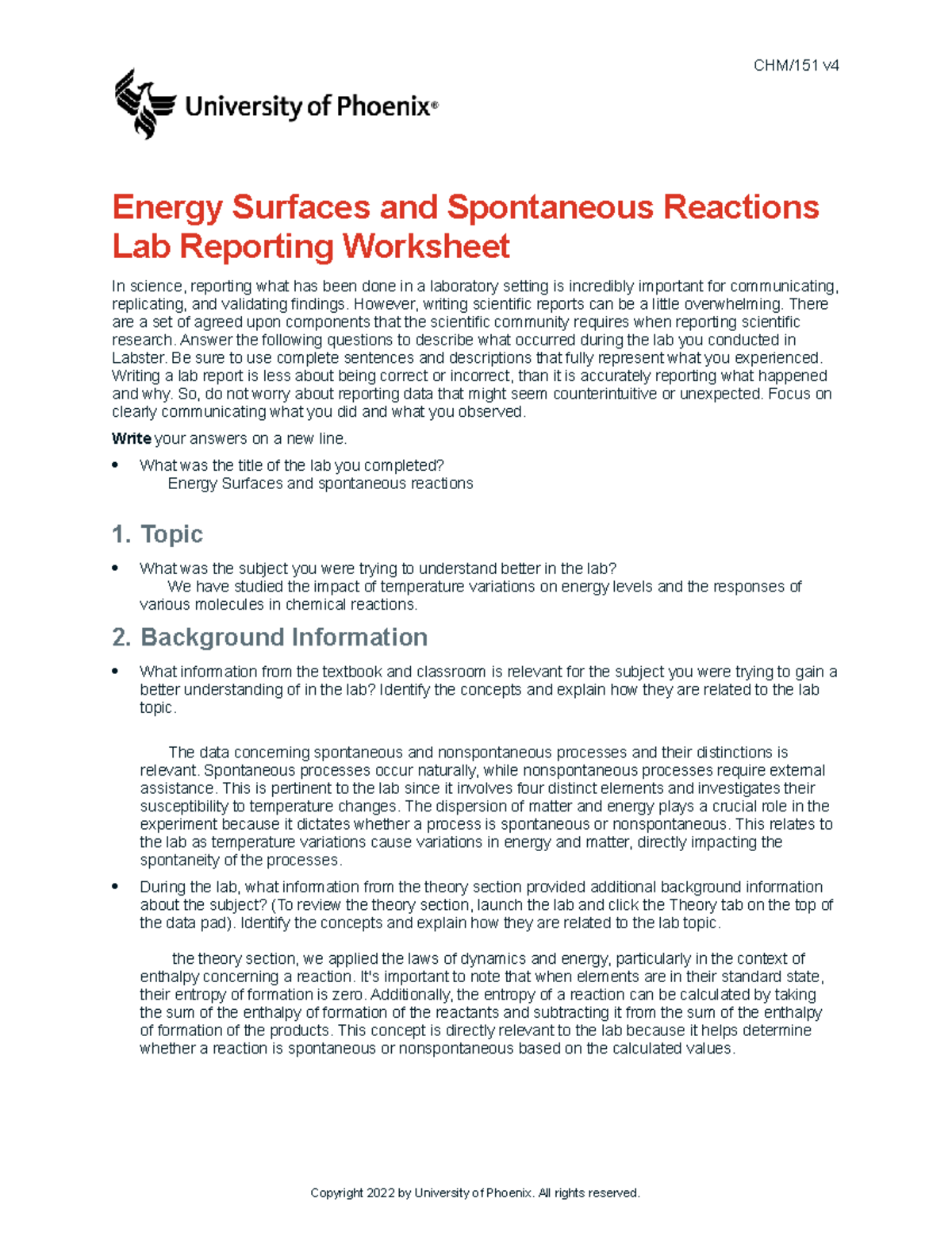 Chm151 v4 wk2 energy surfaces - CHM/151 v Energy Surfaces and Spontaneous Reactions Lab ...