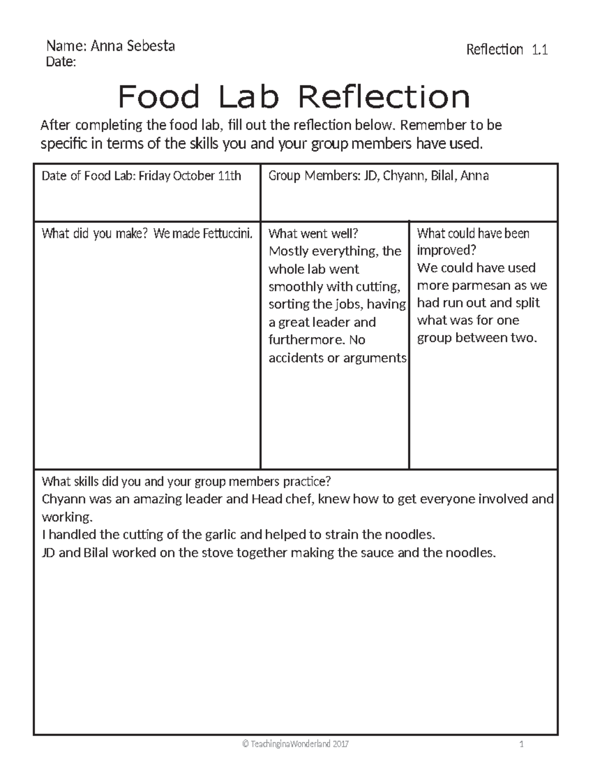 1. Tuesday Food Lab Reflection Sheets - © TeachinginaWonderland 2017 1 ...