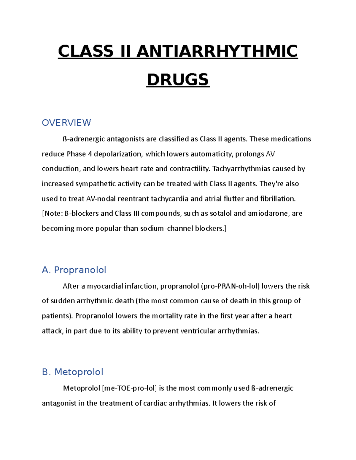 NOTE ON Class II AND III Antiarrhythmic Drugs - CLASS II ANTIARRHYTHMIC ...
