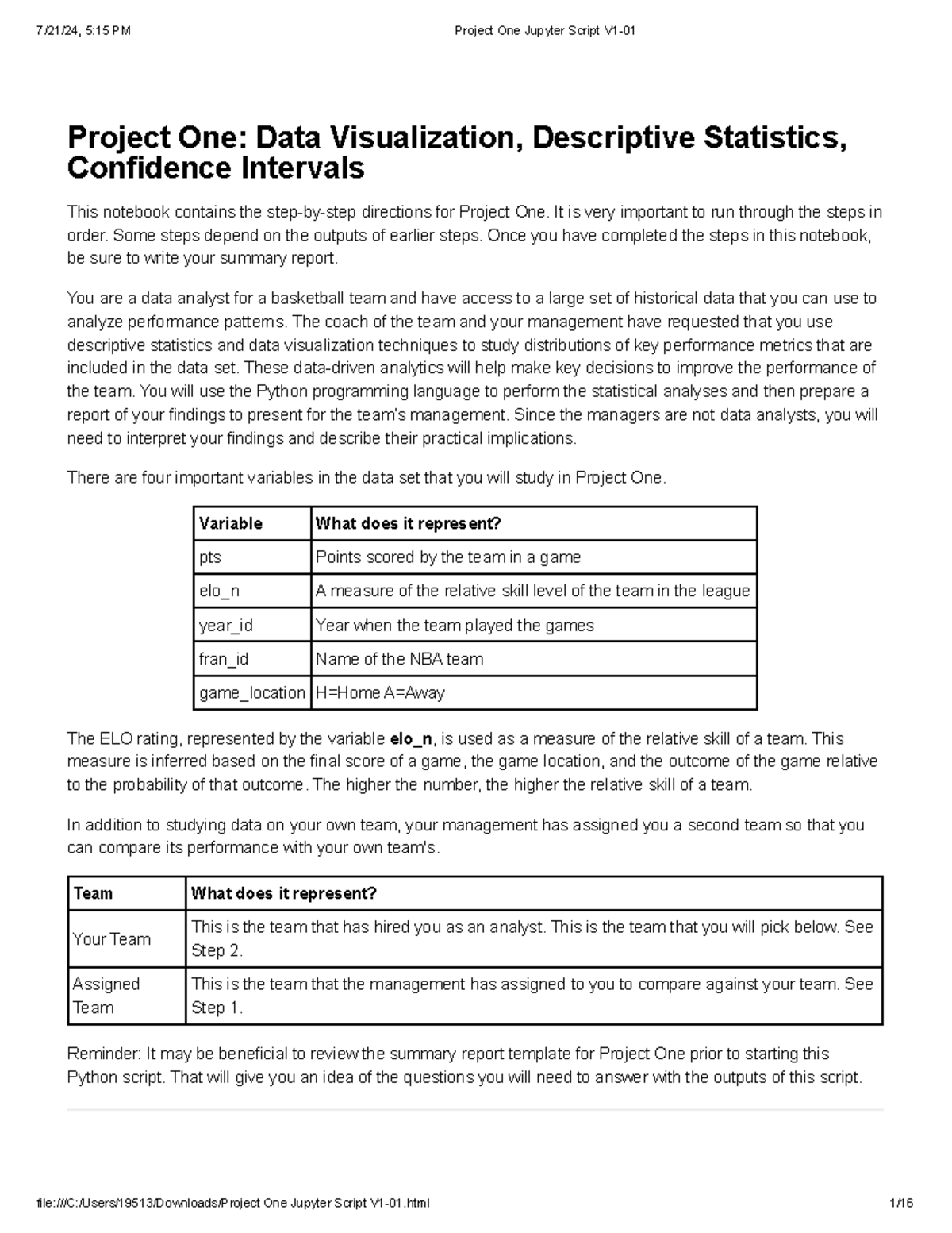 Project One Jupyter Script pdf - Project One: Data Visualization, Descriptive Statistics ...